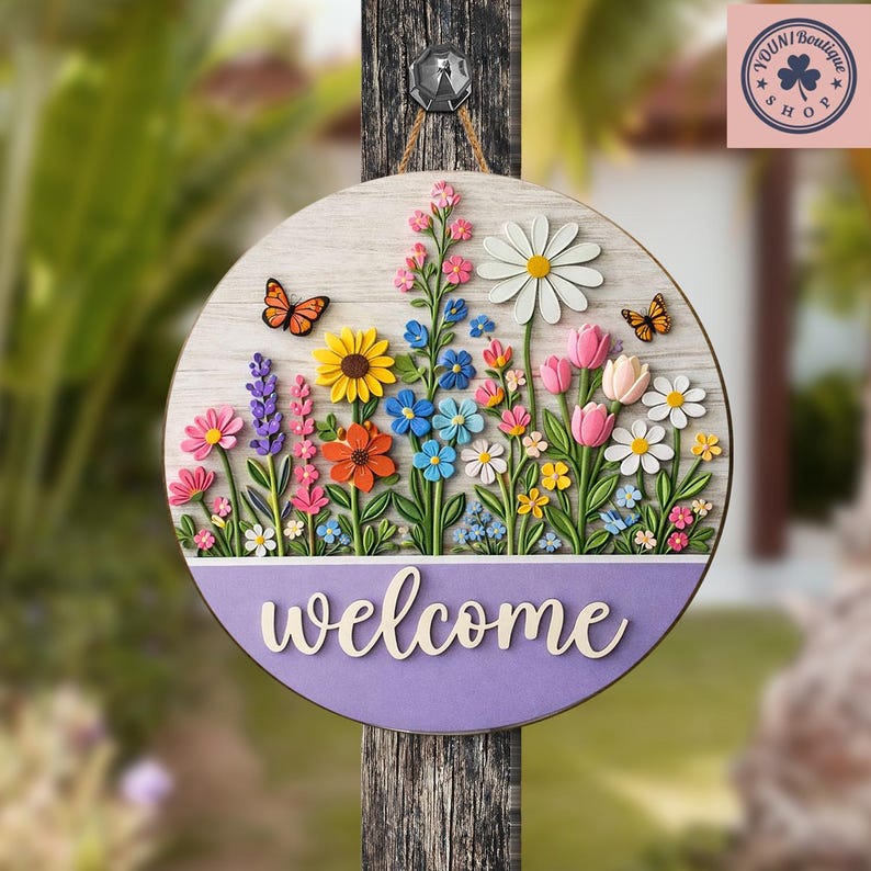 Floral Welcome Door Sign, Farmhouse Wood Round Sign - Etsy