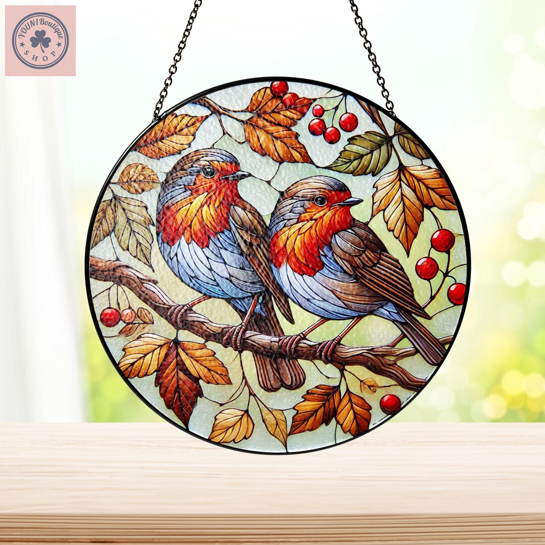 Robin Birds Stained Glass Suncatcher, Robin Birds Suncatcher, Window ...