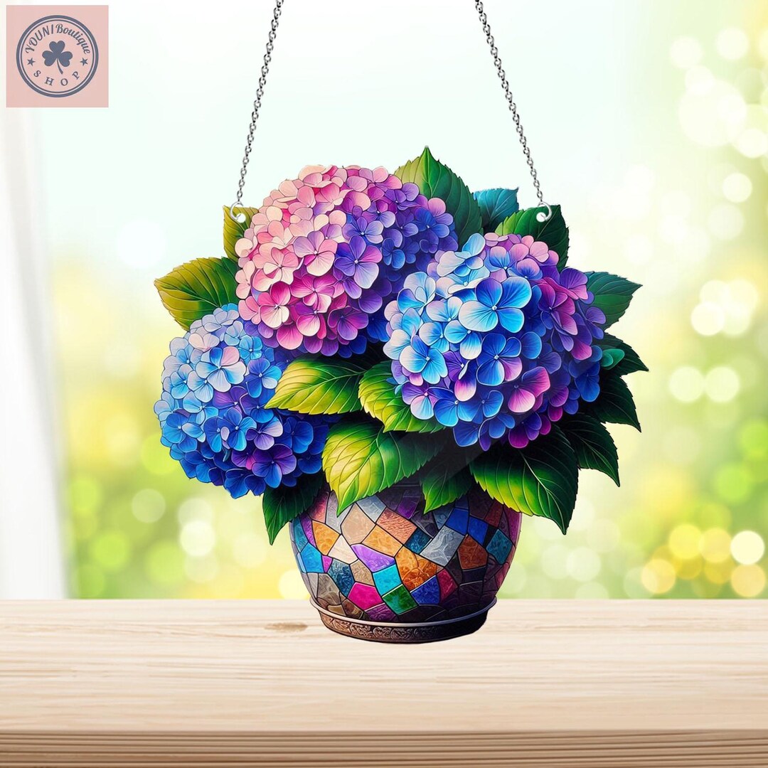 Hydrangea Flowers Acrylic Window Hanging, Hydrangea Window Decor, Home ...