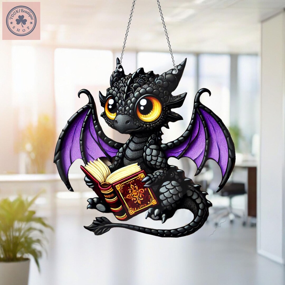 Dragon Reading A Book Window Hanging, Dragon Window Decor, Home Decor ...