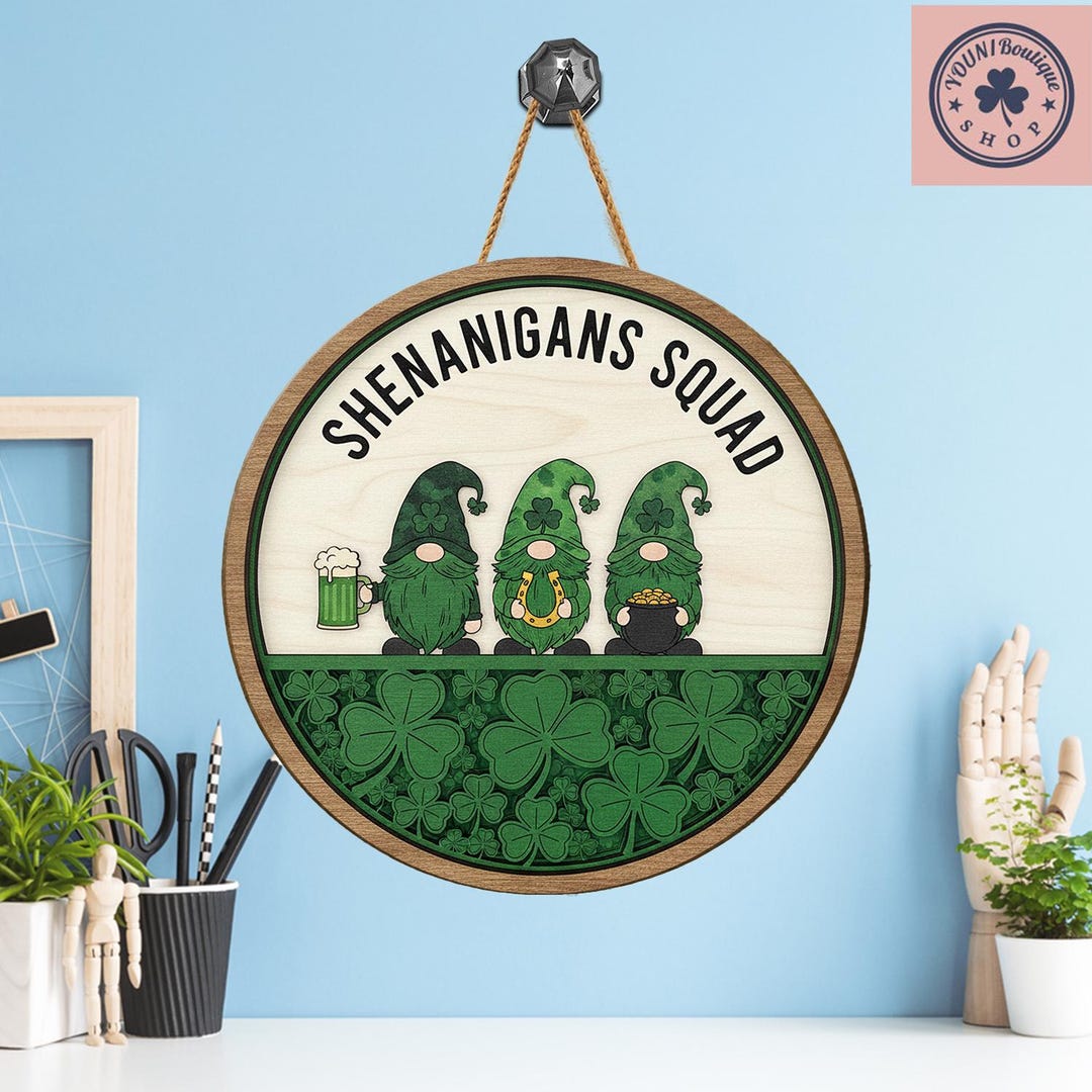 Shenanigans Squad Door Sign, St Patrick’s Day Gnome Wooden Hanging ...