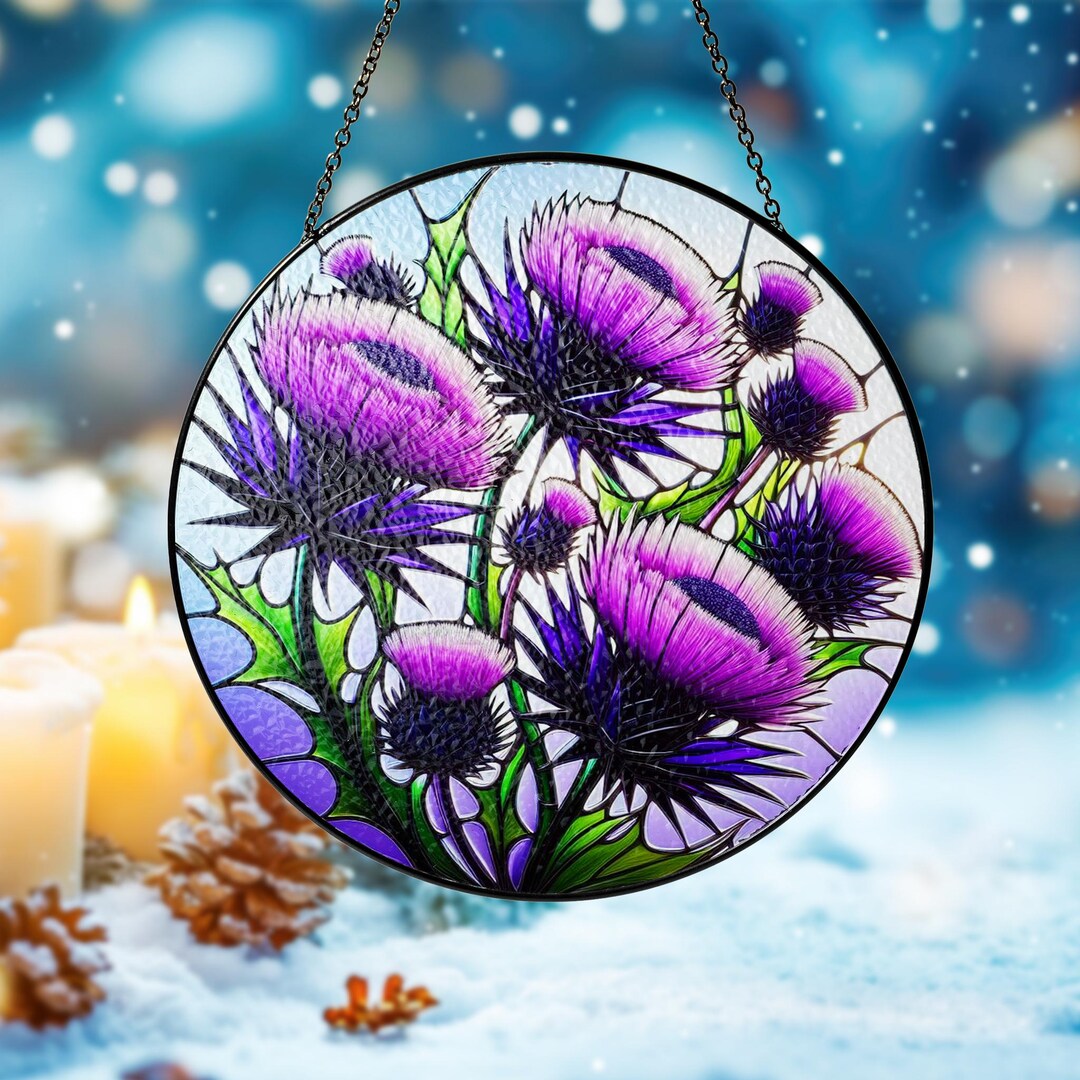 Purple Thistles Stained Glass, Purple Thistles Suncatcher, Christmas ...