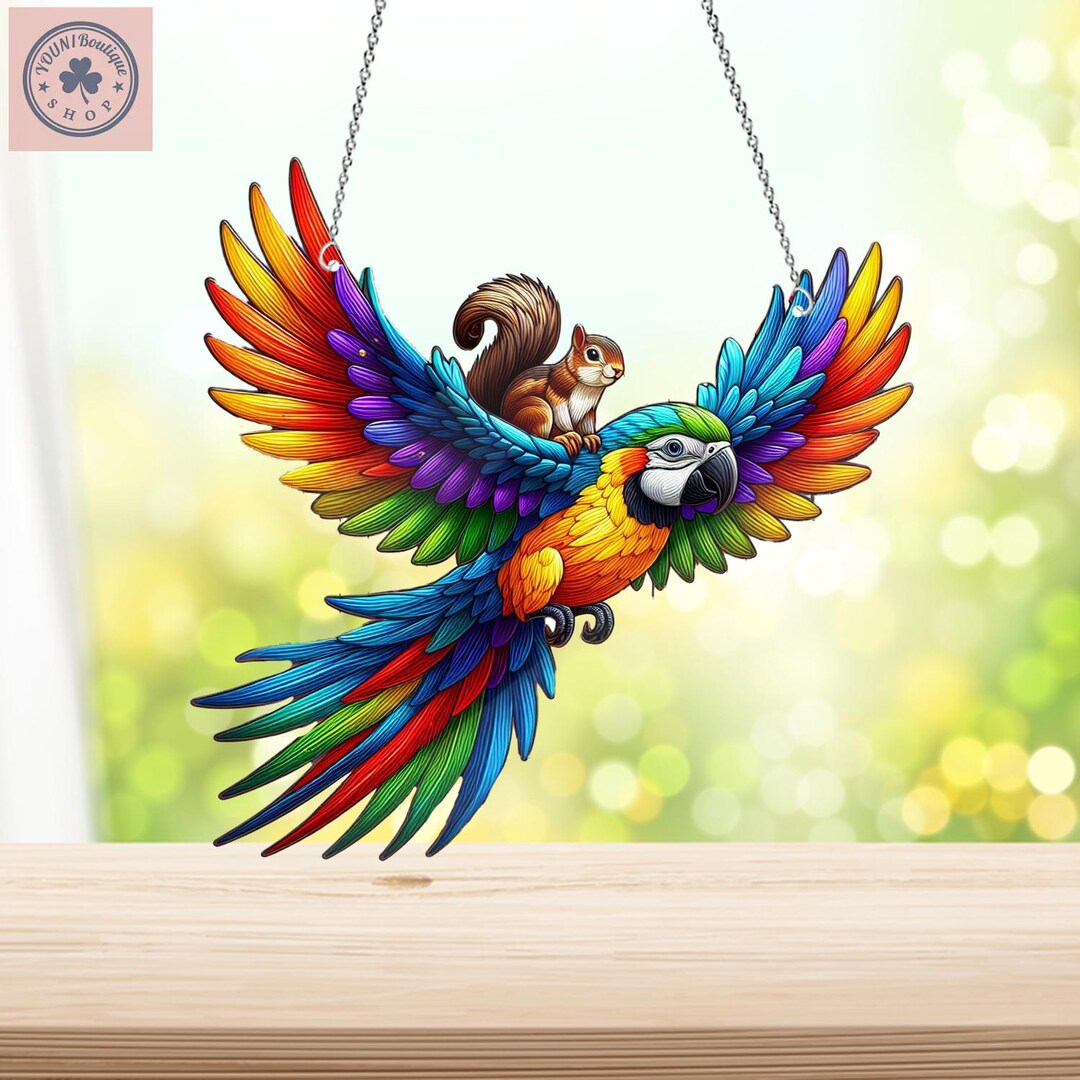 Parrot and Squirrel Acrylic Window Hanging, Parrot Lover Gift, Parrot ...