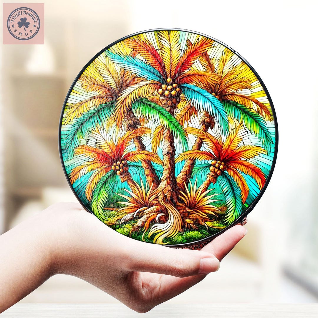 Palm Tree Tropical Window Glass Suncatcher, Palm Tree Stained Glass ...