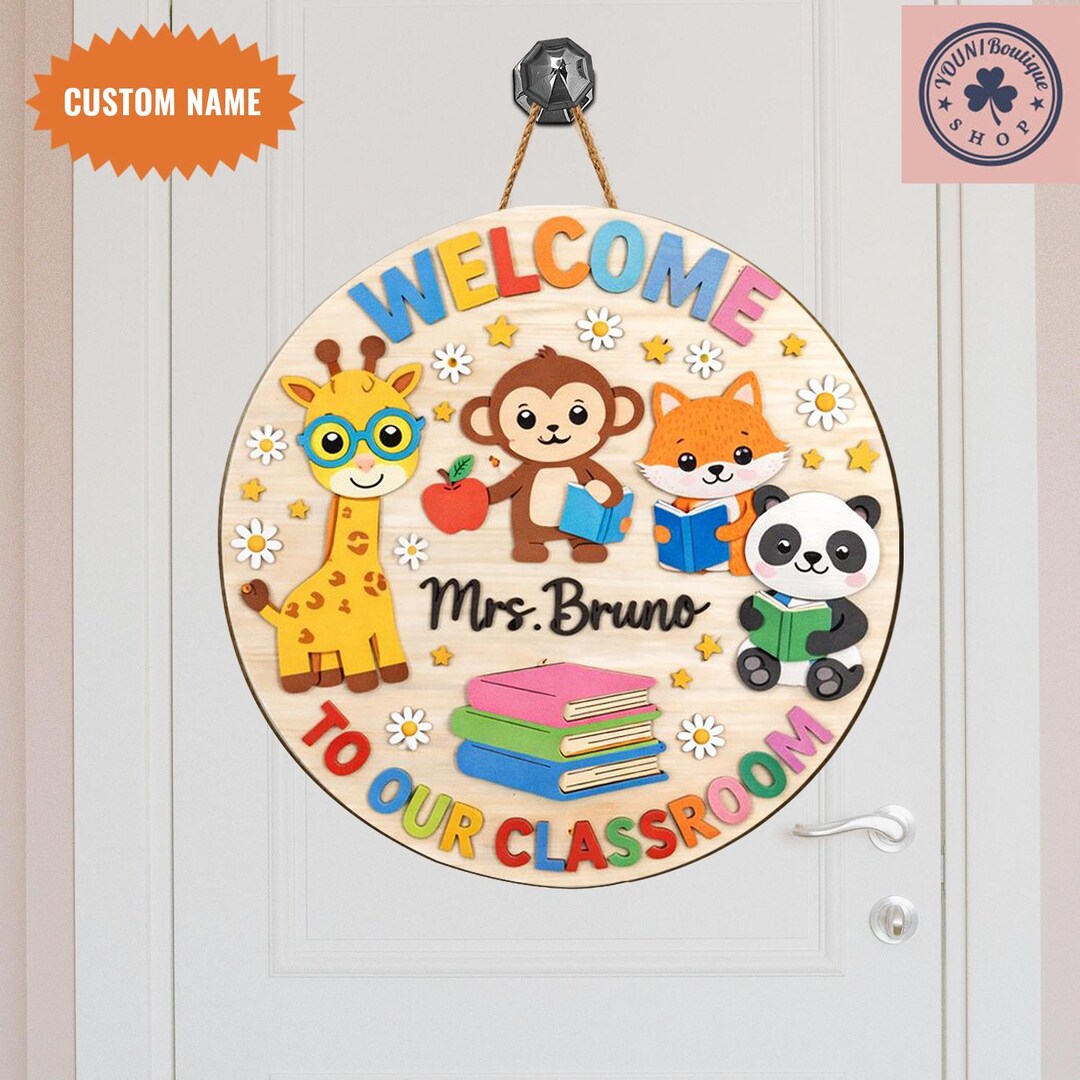 Personalized Animal Classroom Door Sign, Custom Teacher Name, Wooden ...