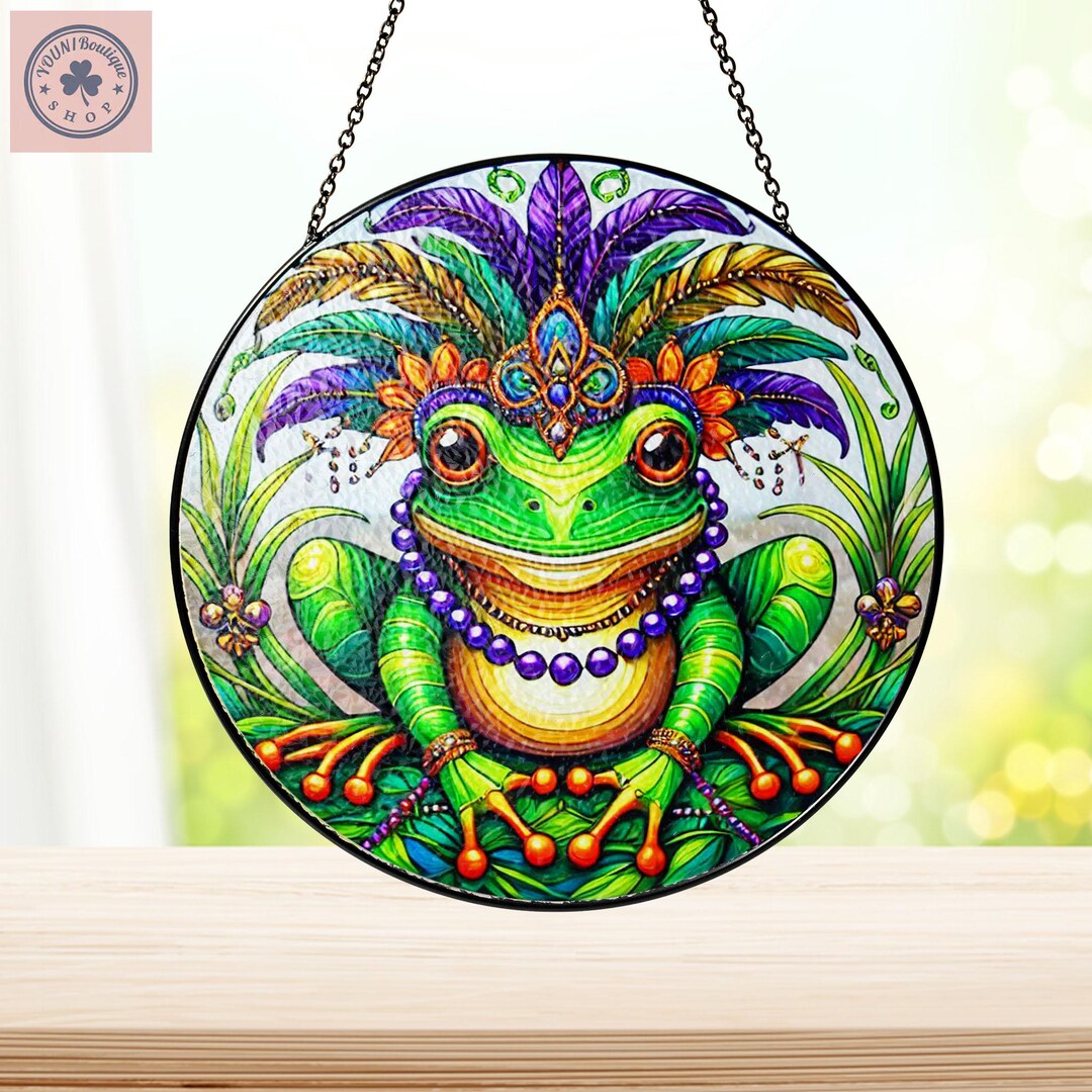 Frog Mardi Gras Stained Glass Suncatcher, Frog Suncatcher, Mardi Gras ...