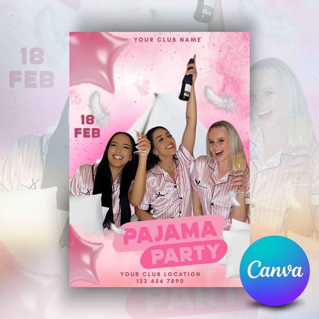 Pink Pajama Party Flyer Template: Editable Sleepover Invitation (canva ...