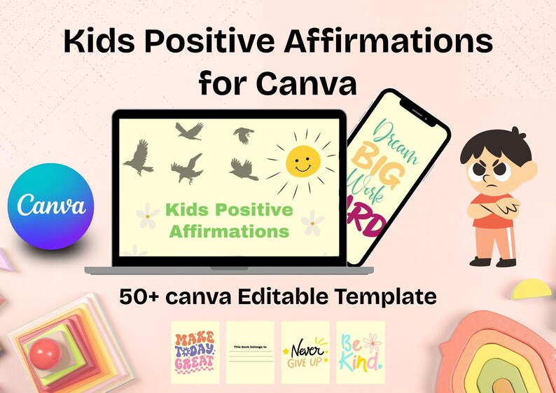 Kids Positive Affirmations | Canva Editable Template | Cards for Kids ...