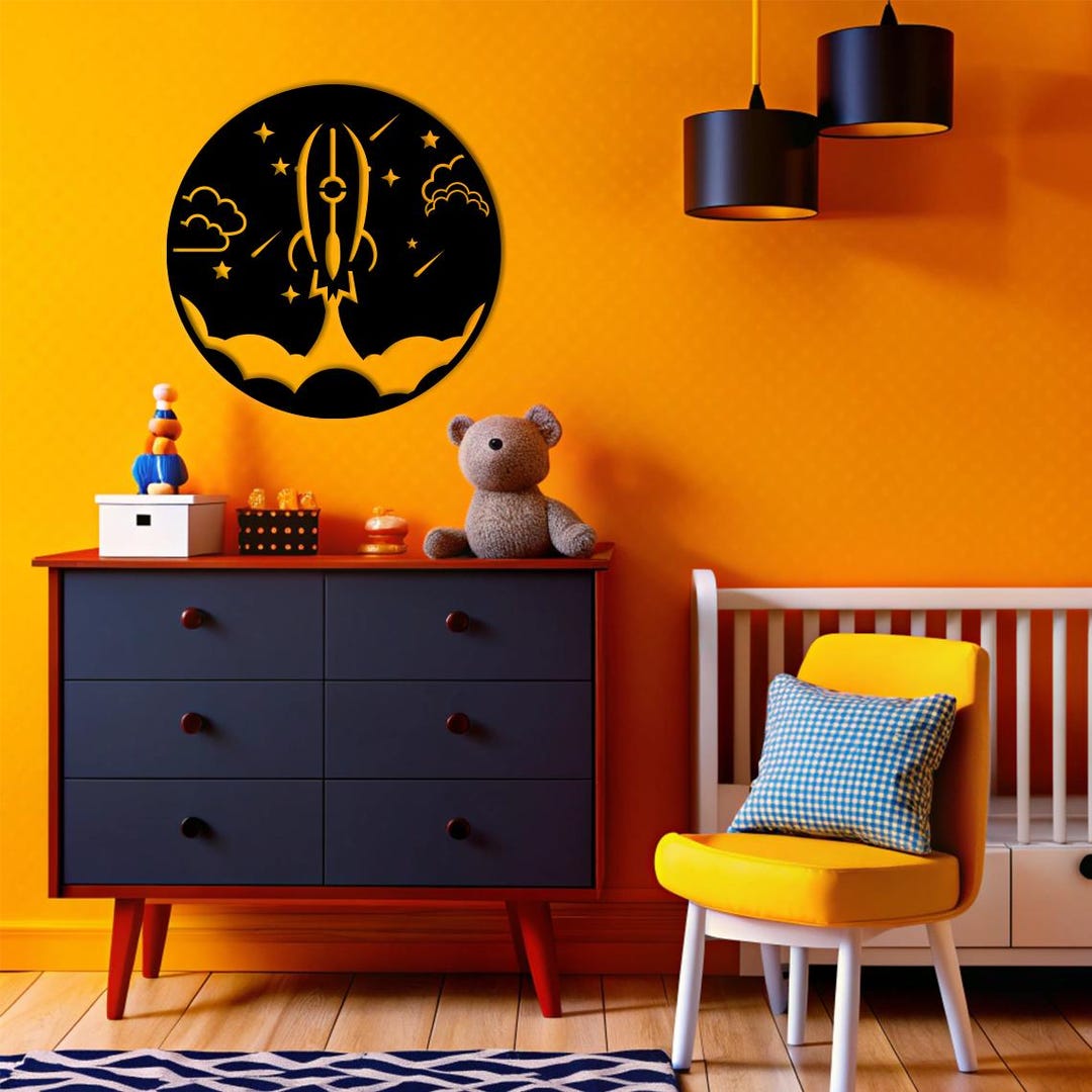 Rocket Metal Wall Art for Kids' Room, Gold Wall Decor, Abstract Home ...