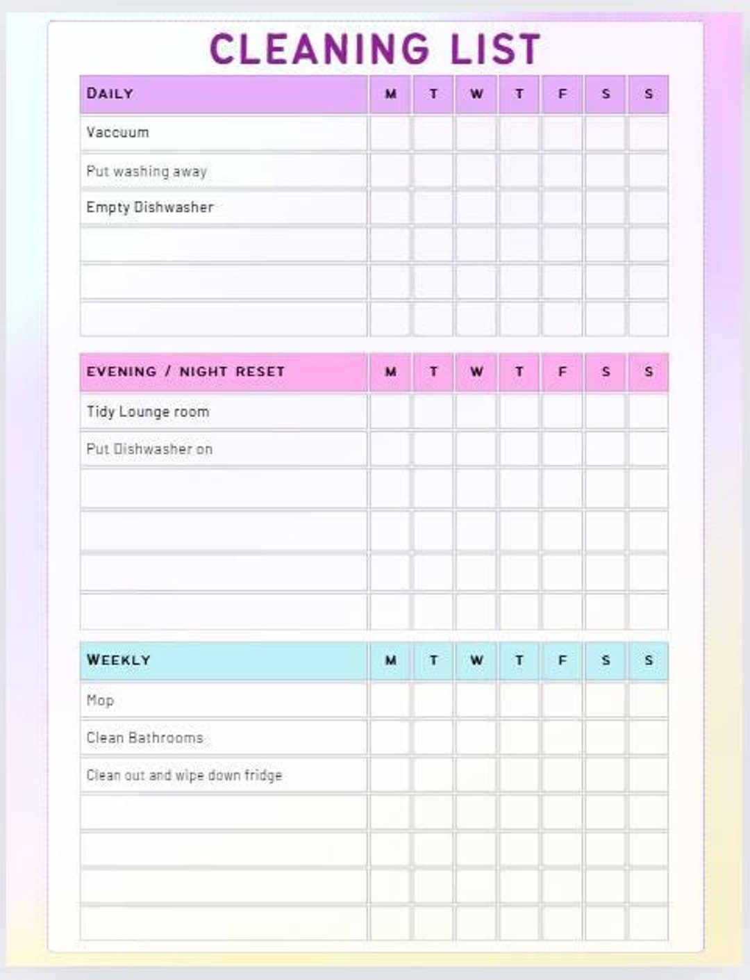 Weekly Daily Cleaning Checklist / Editable & Printable / Pastel Rainbow ...