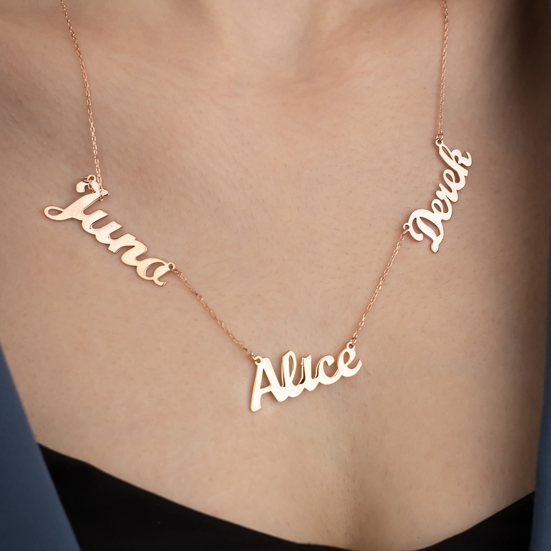 14K Gold Triple Name Necklace, Multi Name Jewelry, Three Names Pendant ...
