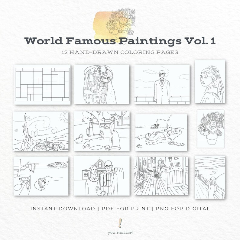 12 Hand-drawn Coloring Pages | Famous Paintings Vol.1 | PDF for ...