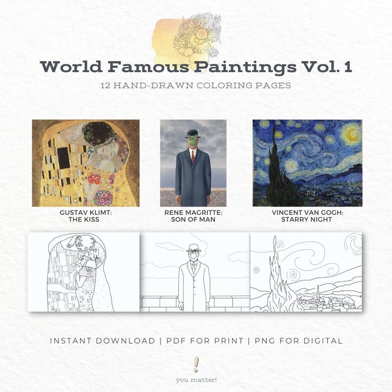12 Hand-drawn Coloring Pages | Famous Paintings Vol.1 | PDF for ...