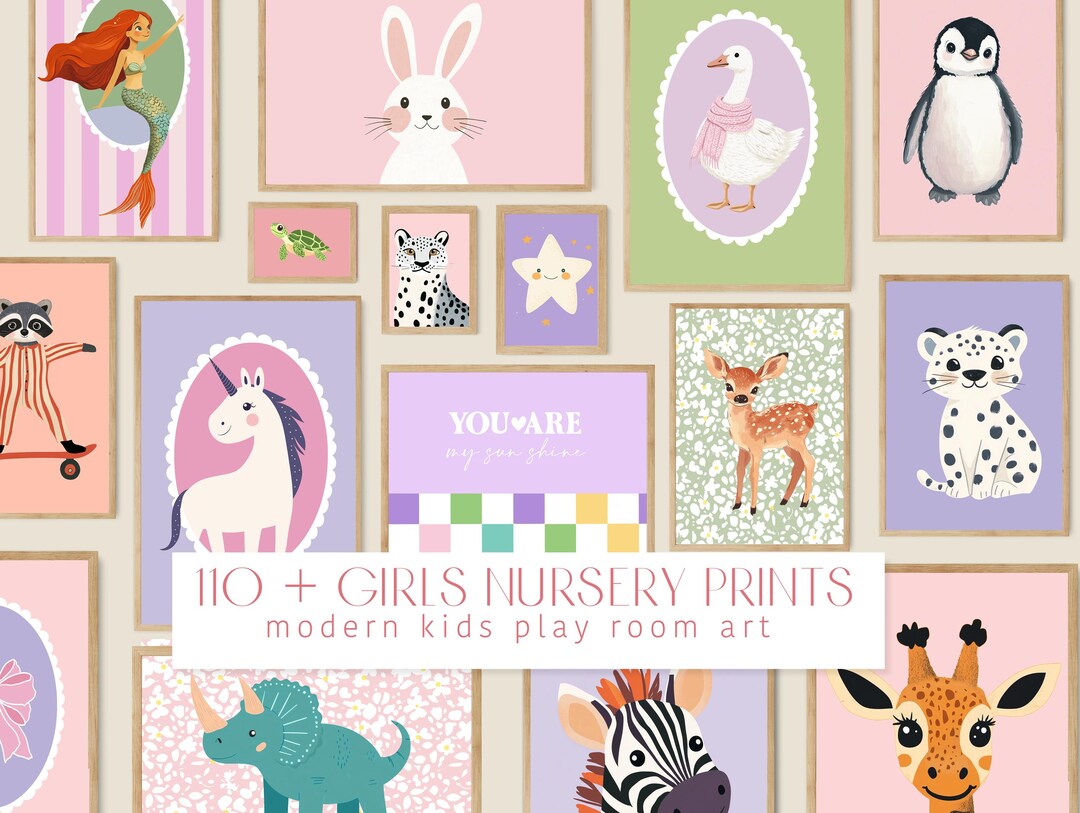 Baby Girl Nursery Wall Art Bundle - Girls Playroom Artwork - Woodland ...
