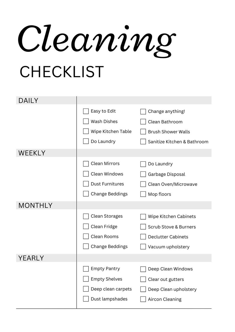 Cleaning Schedule Planner Checklist - Easy to Edit Template! (digital ...