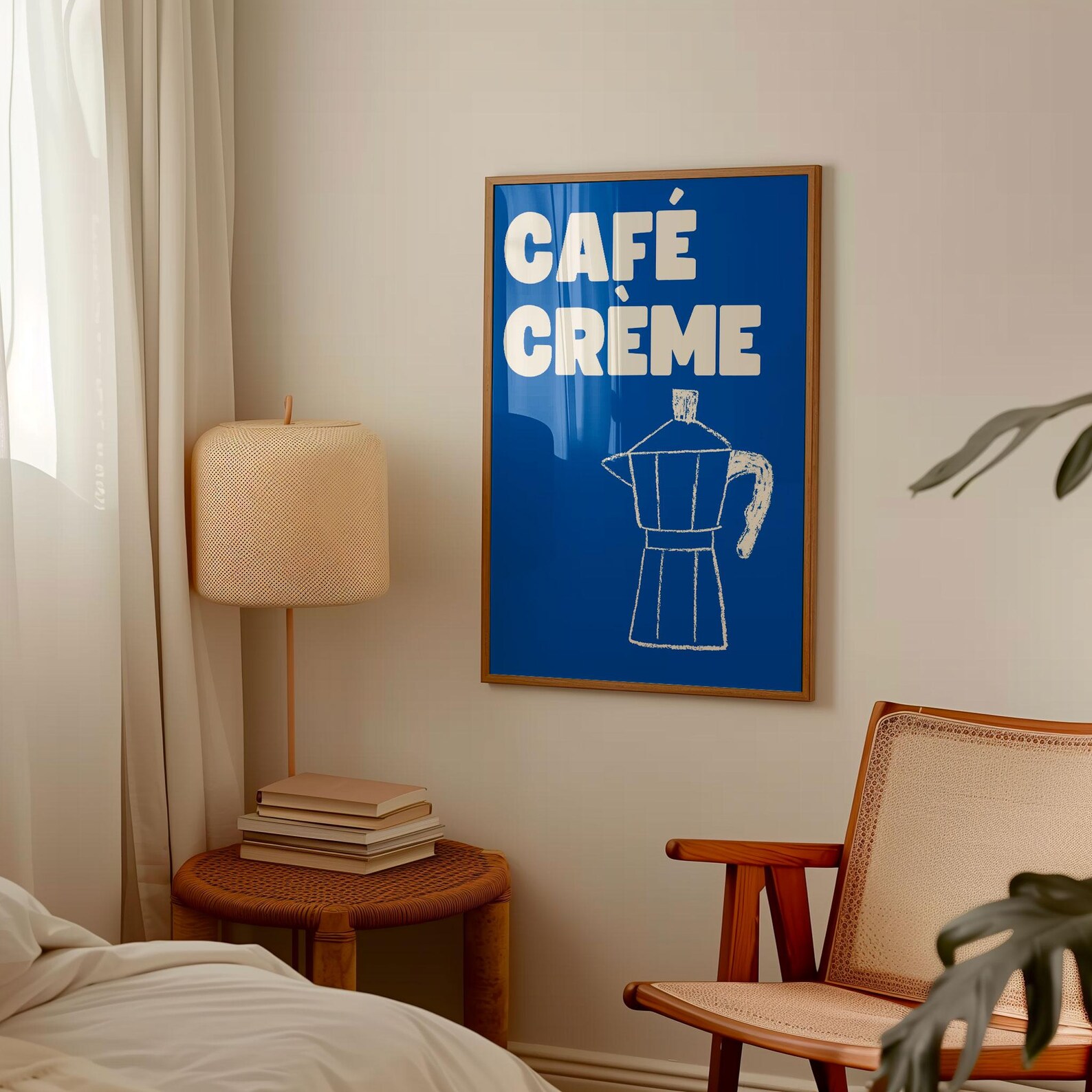 Blue Coffee Wall Art French Kitchen Decor Retro Cafe Poster Moka Pot ...