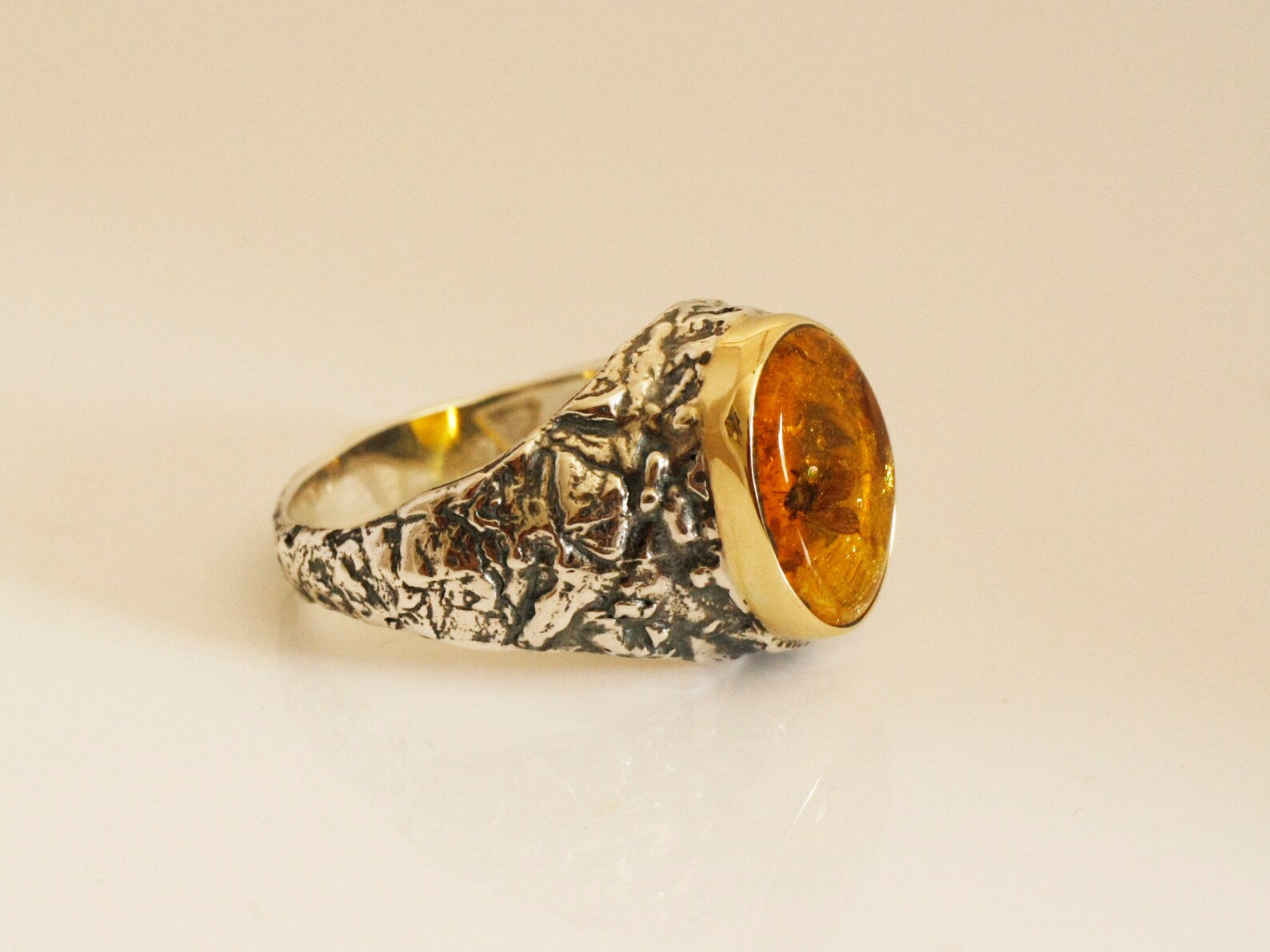 Gold Amber Ring With Insect Inclusion, Statement Israeli Jewelry for ...
