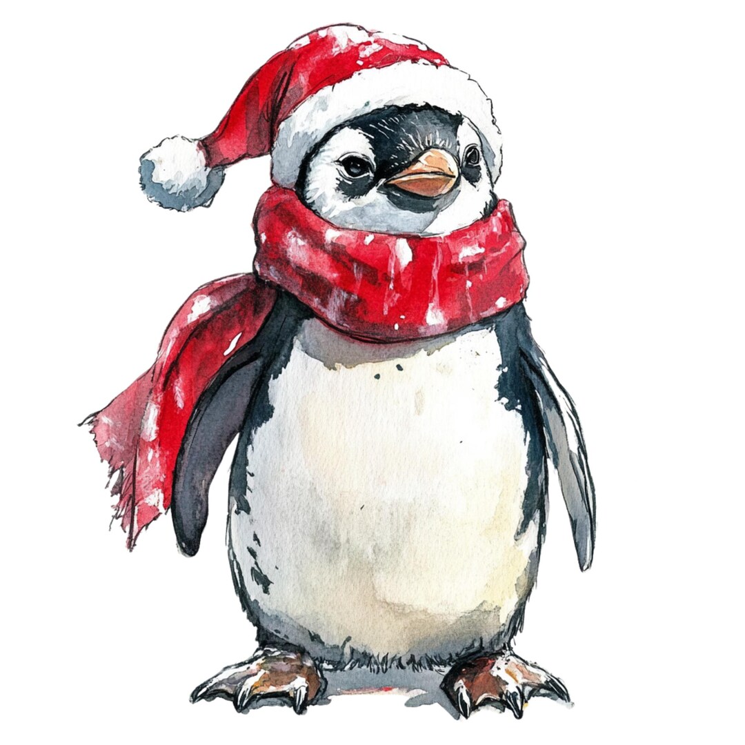 Christmas Penguin Clipart, Watercolor Cute Penguin, Winter Holiday ...