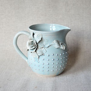 Milk Pitcher - Light Blue With Pink Roses and Pink Dots - MADE TO ORDER ...