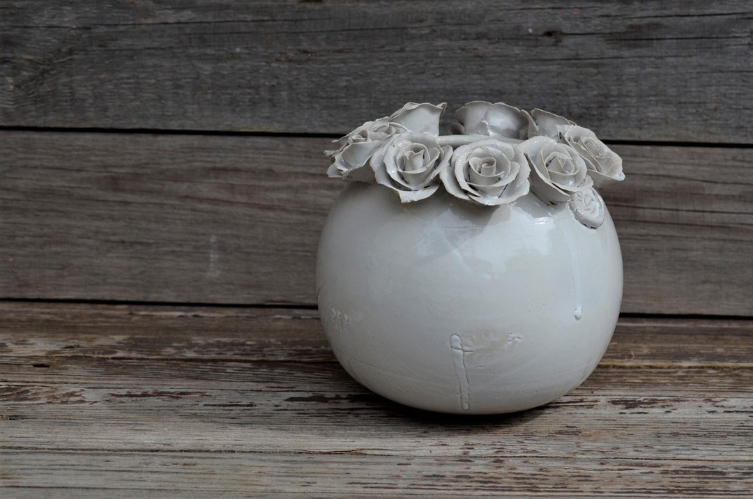 Wheel Thrown Stoneware Vase With White Ceramic Roses - Made to Order - Etsy