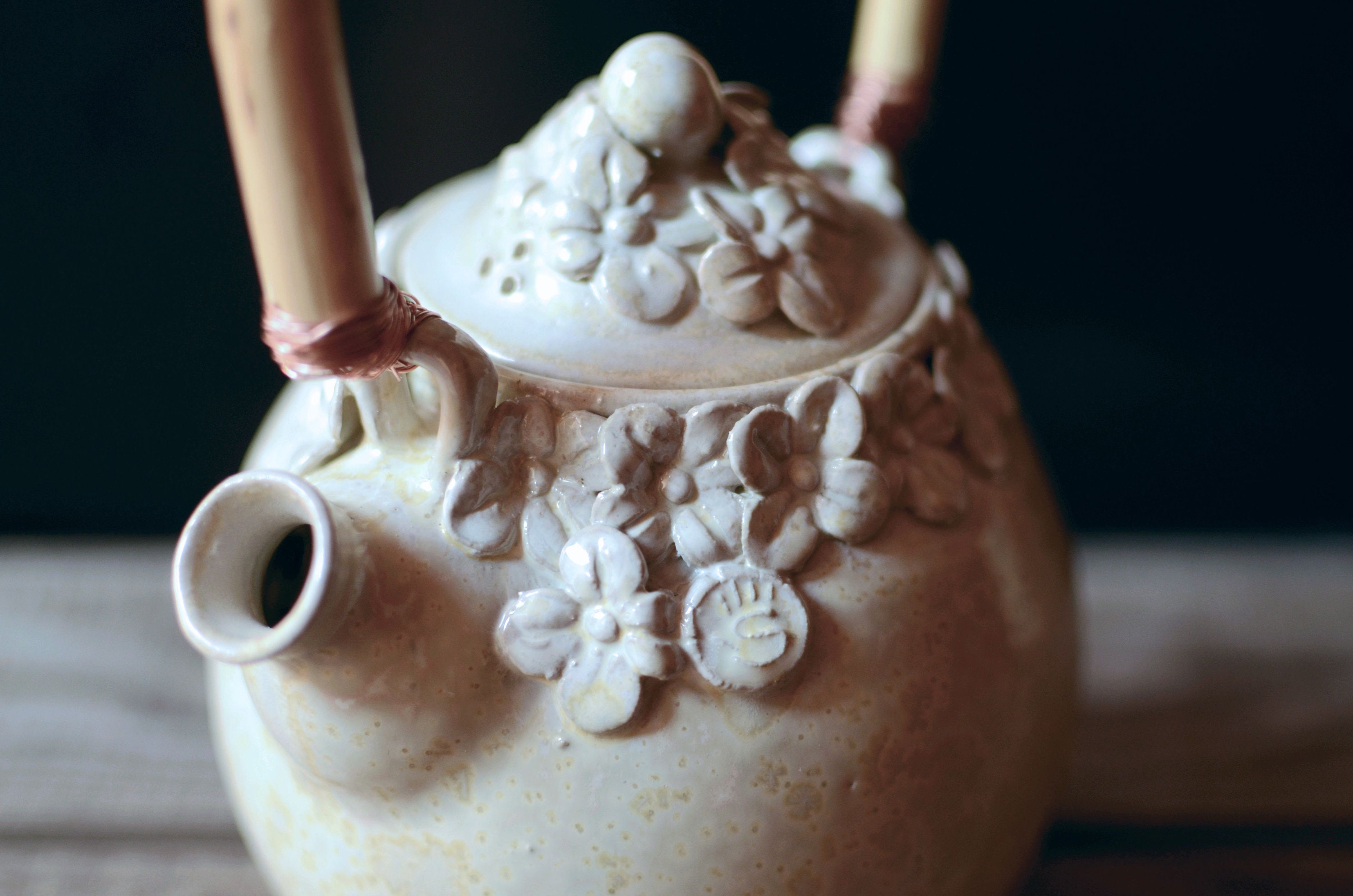 Handmade Stoneware Teapot Set – Floral Cream Glaze, Willow Handle ...