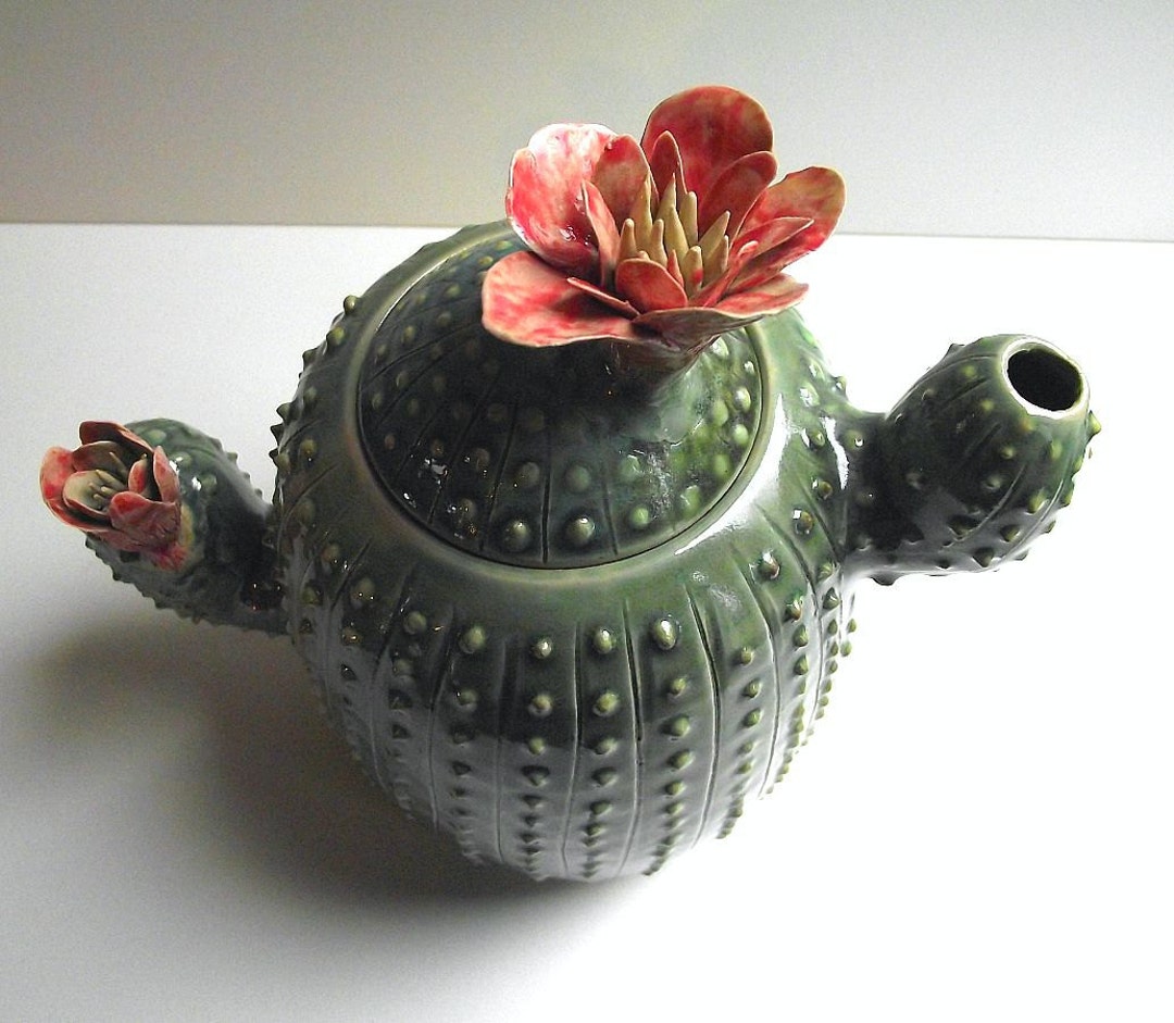 Ceramic Cactus Teapot With Flowers - MADE TO ORDER - Stoneware (grès ...