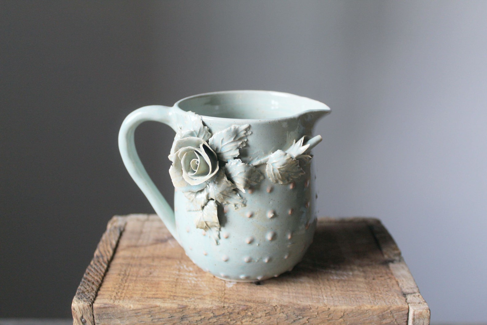 Milk Pitcher - Light Blue With Pink Roses and Pink Dots - MADE TO ORDER ...