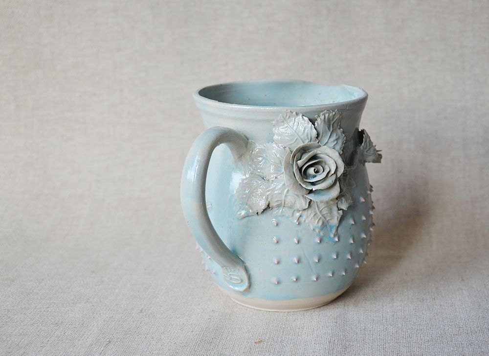 Milk Pitcher - Light Blue With Pink Roses and Pink Dots - MADE TO ORDER ...