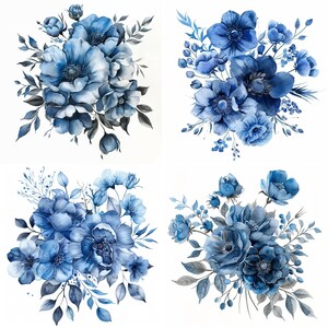 24 Blue Floral Clipart Watercolor Flower Bouquet Digital Download for ...