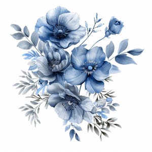 24 Blue Floral Clipart Watercolor Flower Bouquet Digital Download for ...
