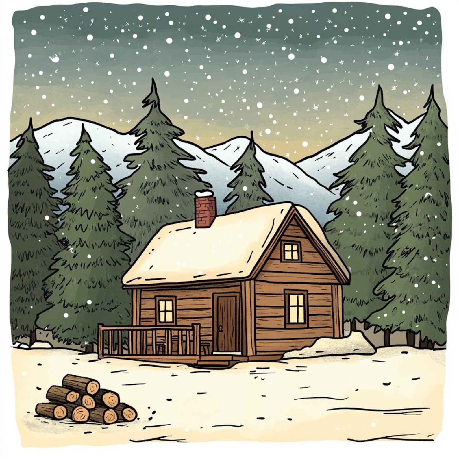 24 Cute Winter Cabin Clipart, Snowy Mountain Landscape Illustration ...