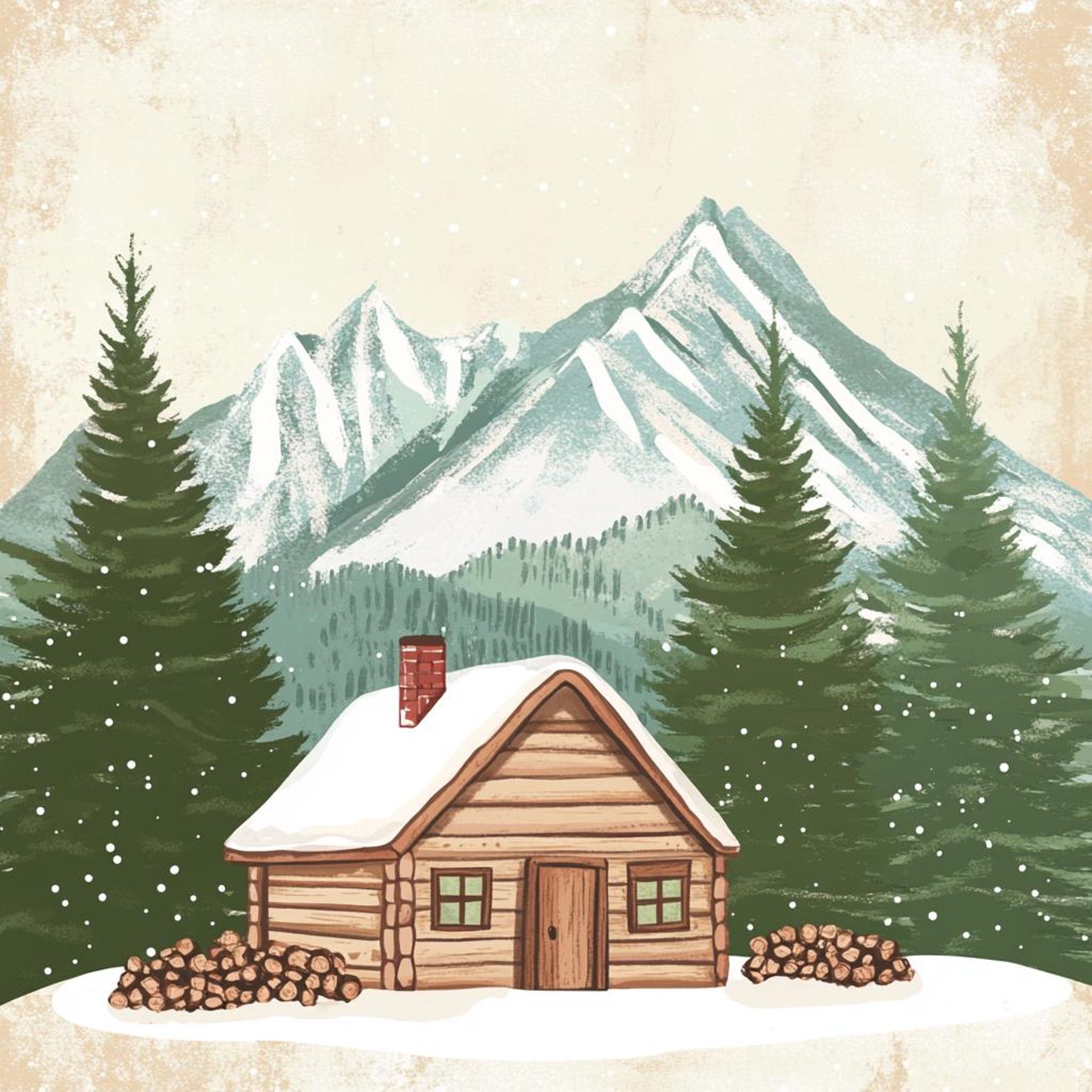 24 Cute Winter Cabin Clipart, Snowy Mountain Landscape Illustration ...