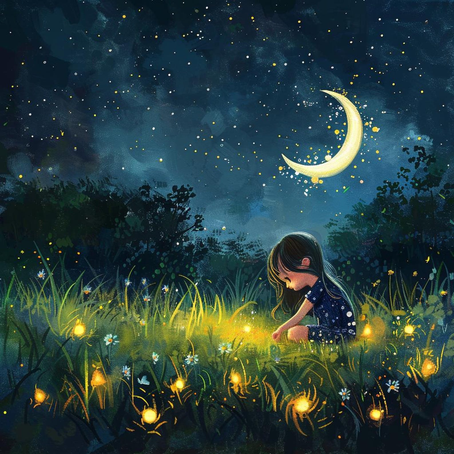 24 Magical Night Sky Clipart, Child With Fireflies Moonlit Garden ...
