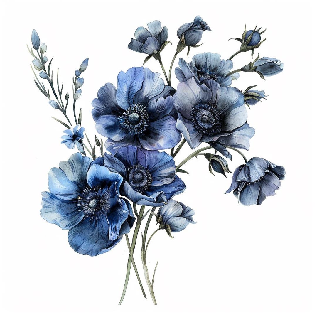 24 Blue Floral Clipart Watercolor Flower Bouquet Digital Download for ...