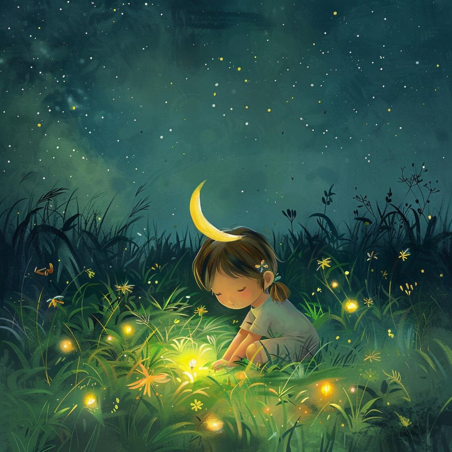 24 Magical Night Sky Clipart, Child With Fireflies Moonlit Garden ...