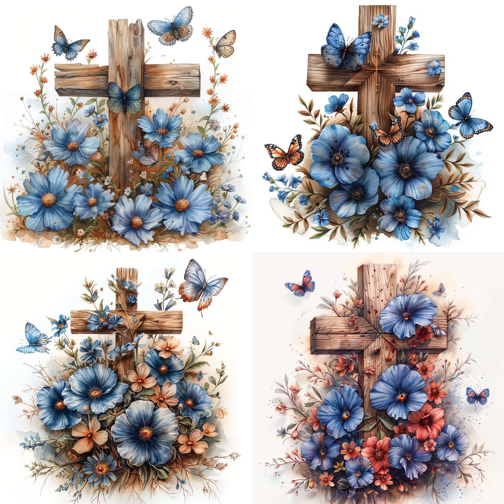 24 Blue Flower Cross Clipart, Digital Download, Floral Watercolor Art ...