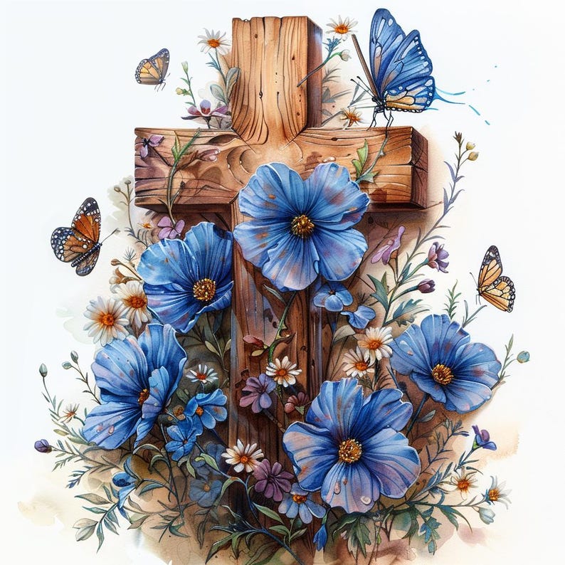 24 Blue Flower Cross Clipart, Digital Download, Floral Watercolor Art ...