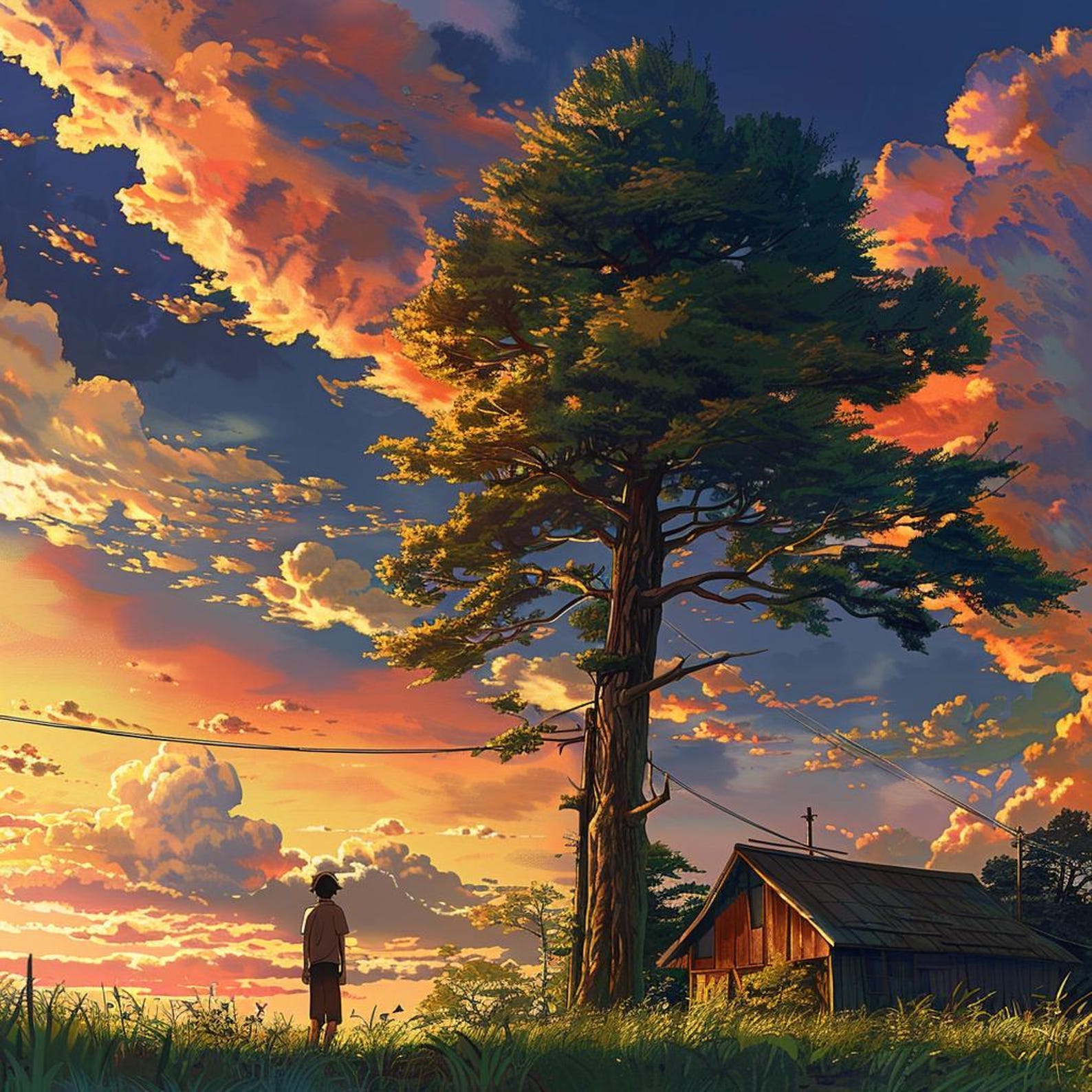 24 Anime Tree Clipart Sunset Evening Scene Printable Japanese Style Art ...