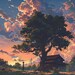 24 Anime Tree Clipart Sunset Evening Scene Printable Japanese Style Art ...