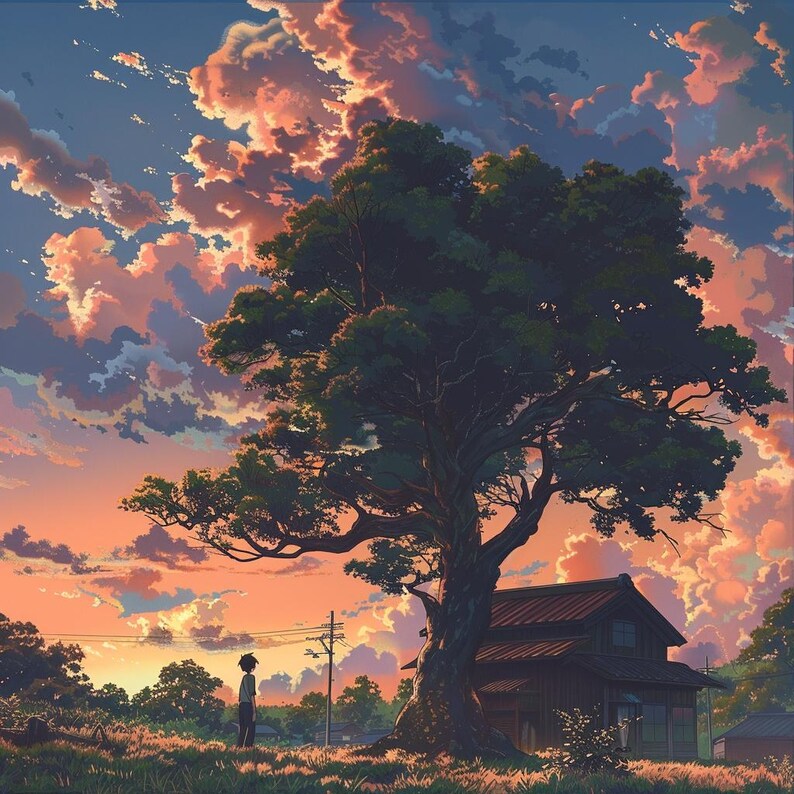 24 Anime Tree Clipart Sunset Evening Scene Printable Japanese Style Art ...