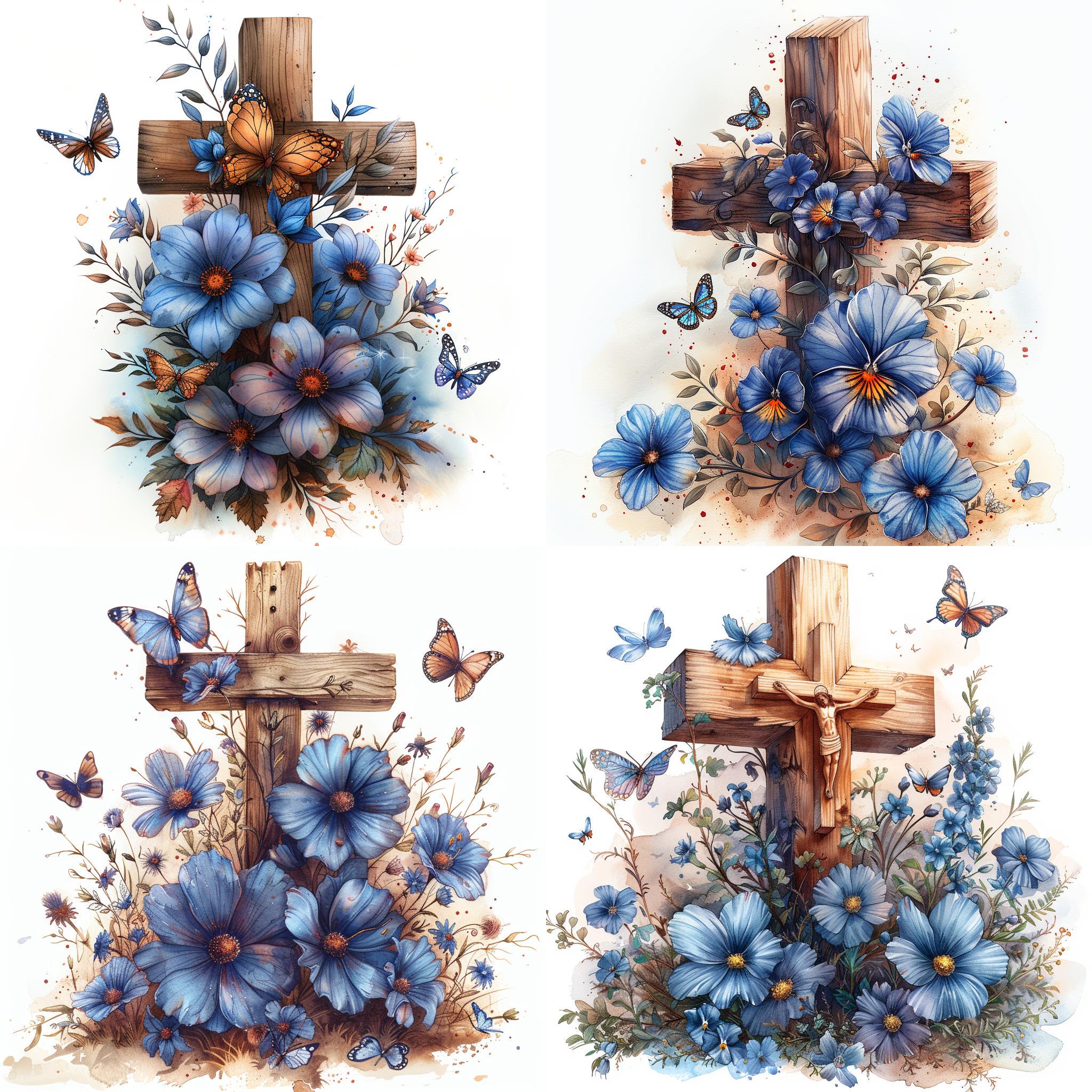 24 Blue Flower Cross Clipart, Digital Download, Floral Watercolor Art ...