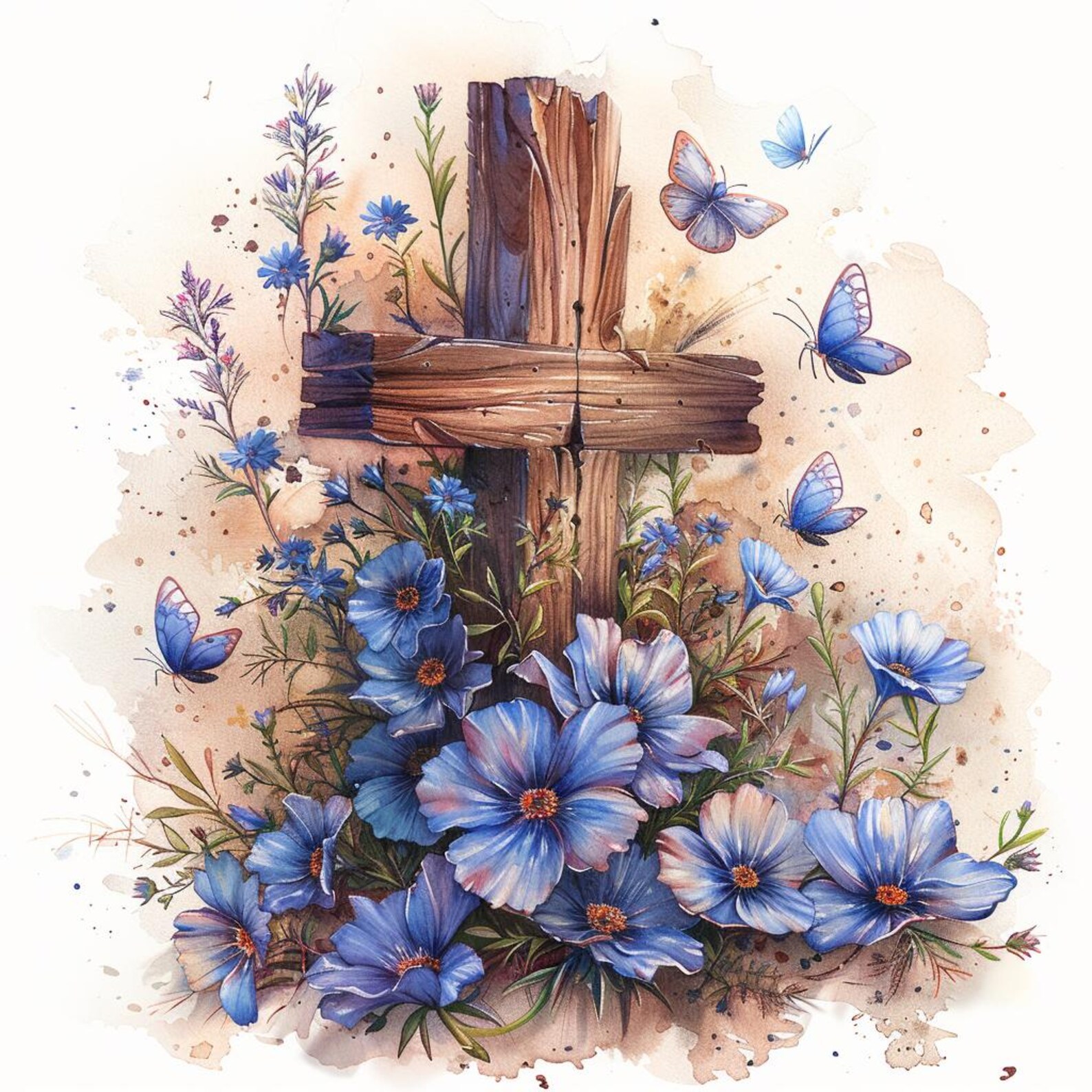 24 Blue Flower Cross Clipart, Digital Download, Floral Watercolor Art ...