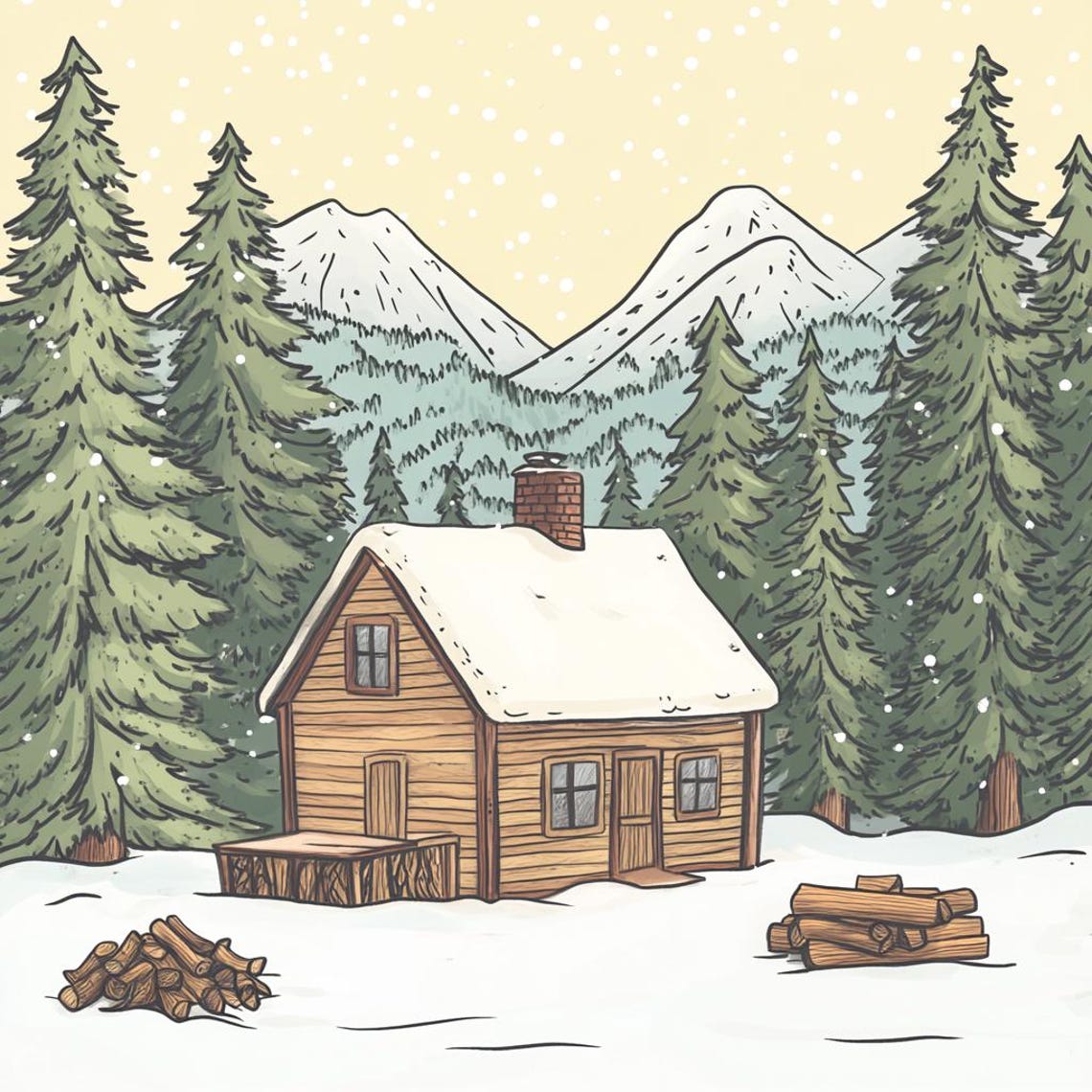24 Cute Winter Cabin Clipart, Snowy Mountain Landscape Illustration ...