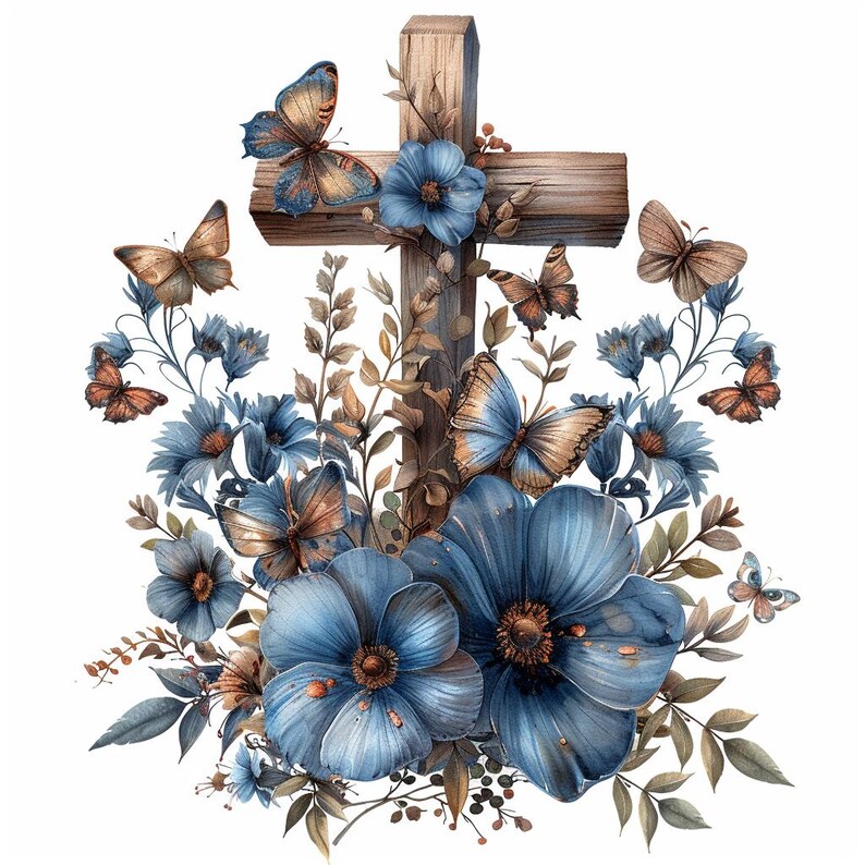 24 Blue Flower Cross Clipart, Digital Download, Floral Watercolor Art ...