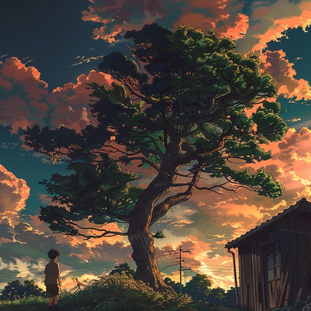 24 Anime Tree Clipart Sunset Evening Scene Printable Japanese Style Art ...