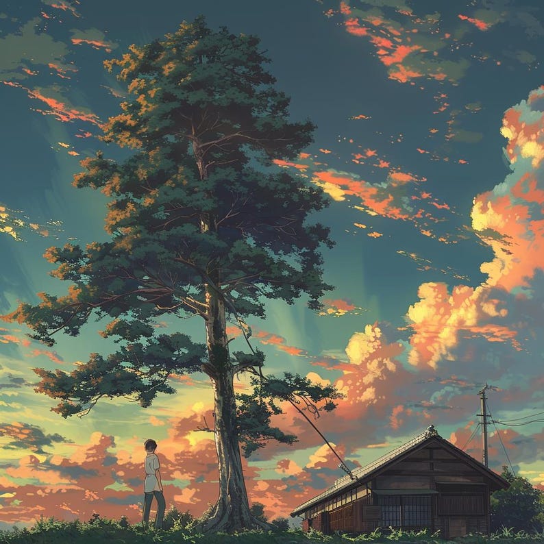 24 Anime Tree Clipart Sunset Evening Scene Printable Japanese Style Art ...