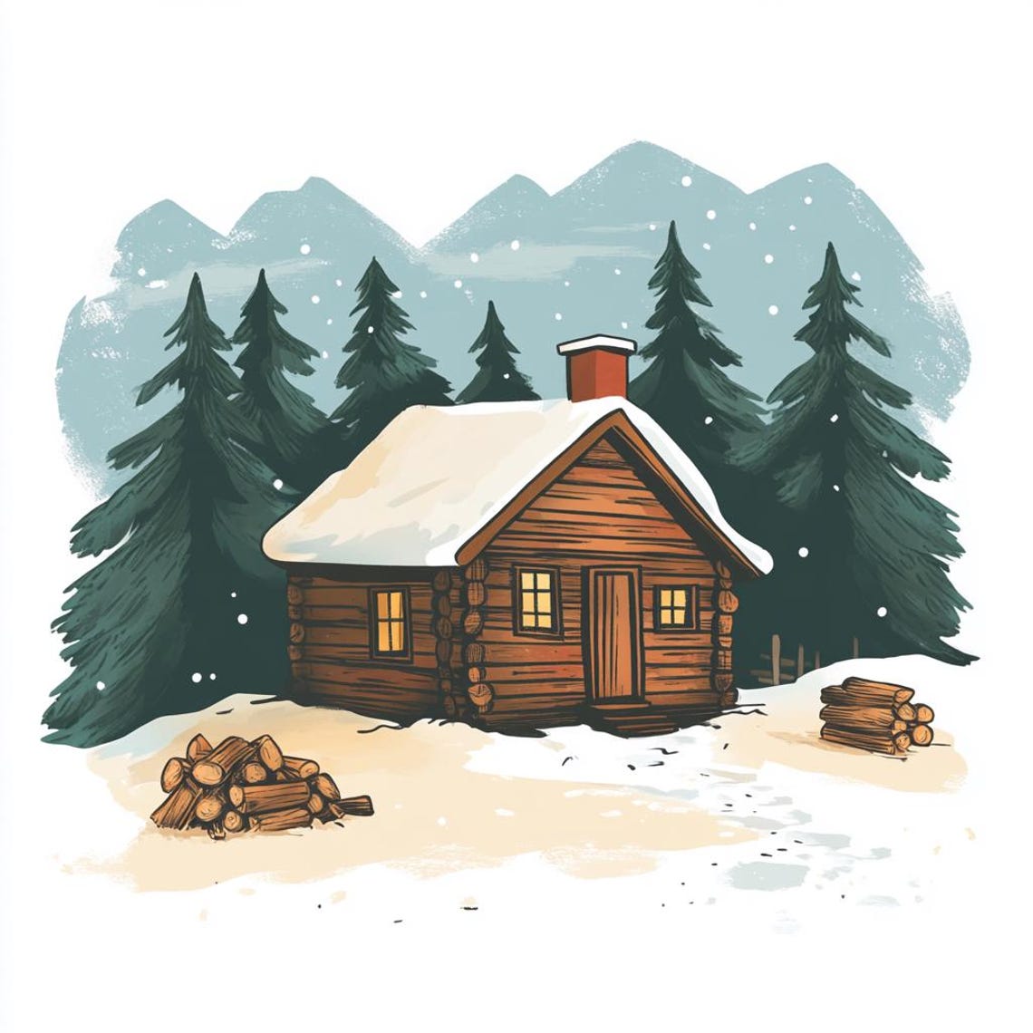 24 Cute Winter Cabin Clipart, Snowy Mountain Landscape Illustration ...