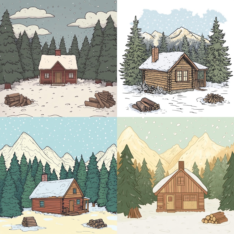 24 Cute Winter Cabin Clipart, Snowy Mountain Landscape Illustration ...