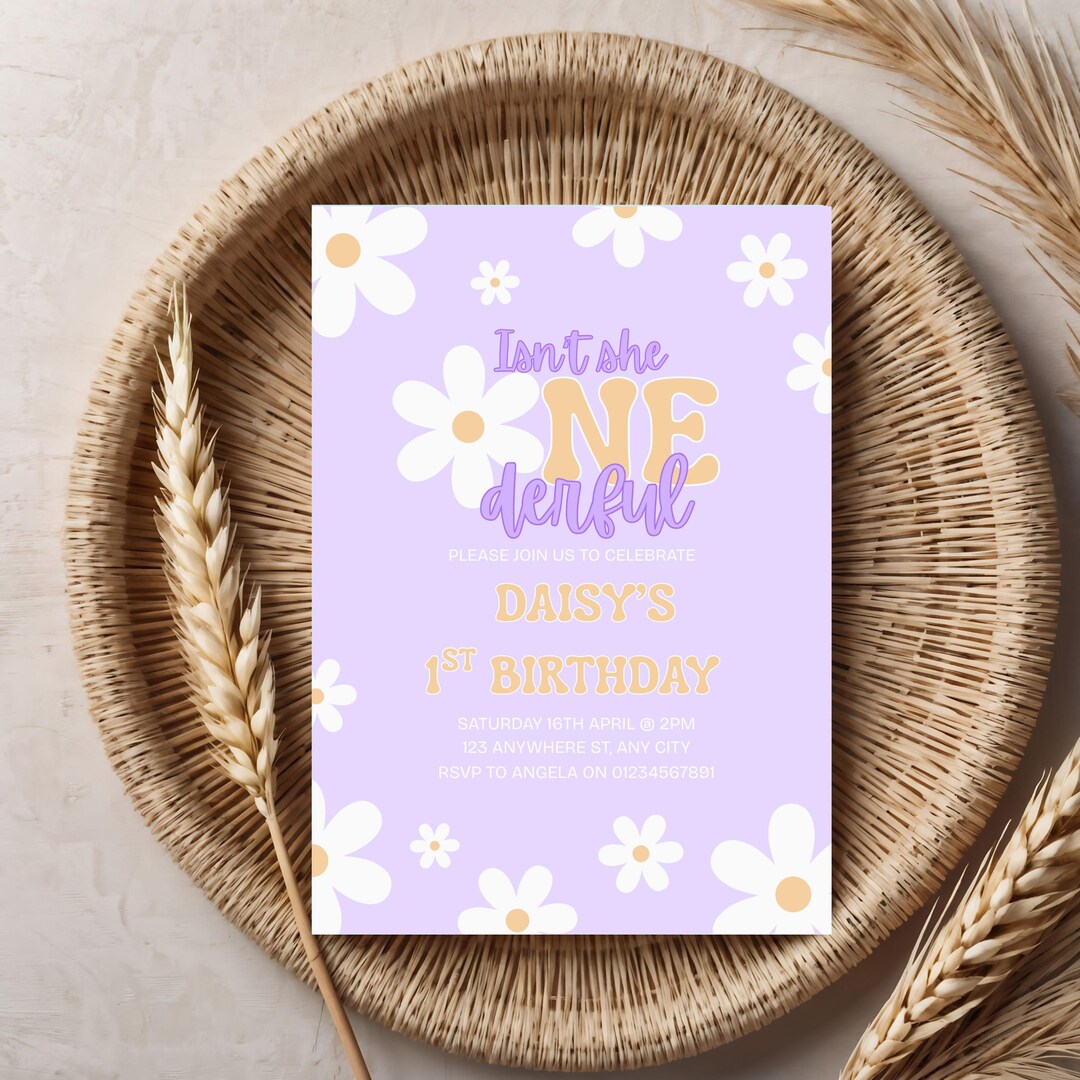 Lilac Daisy 1st Birthday Invitation: Editable Canva Template (digital ...