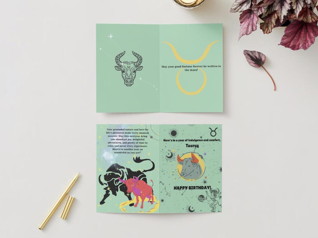 Taurus Star Sign Birthday Card 5x7'' (when Folded), Zodiac Printable ...